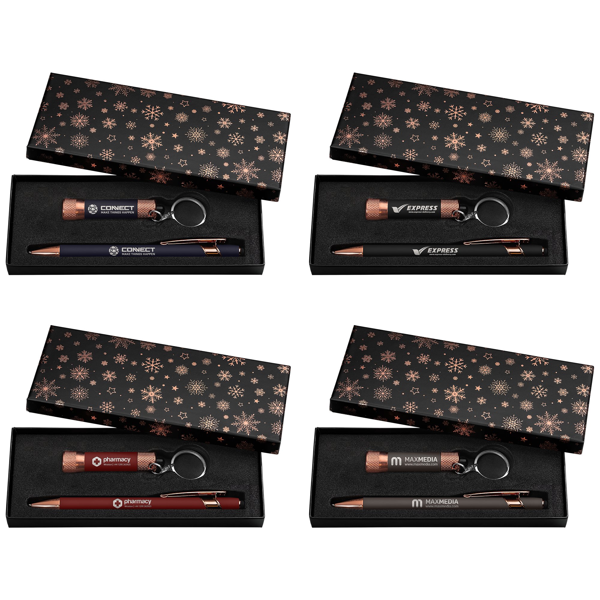Custom Rose Gold Alpha Gift Set in Snowflake Box | Pens.com
