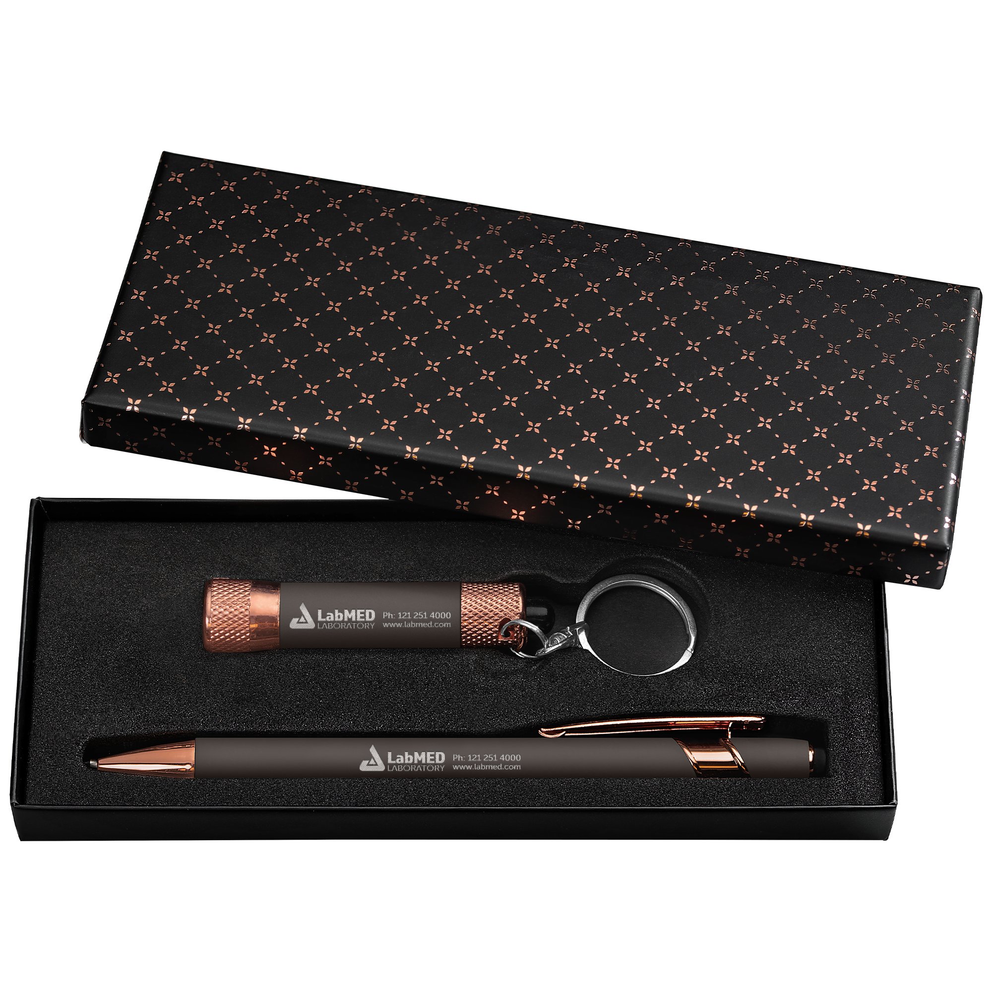 Custom Rose Gold Alpha Gift Set in Criss-Cross Box | Pens.com