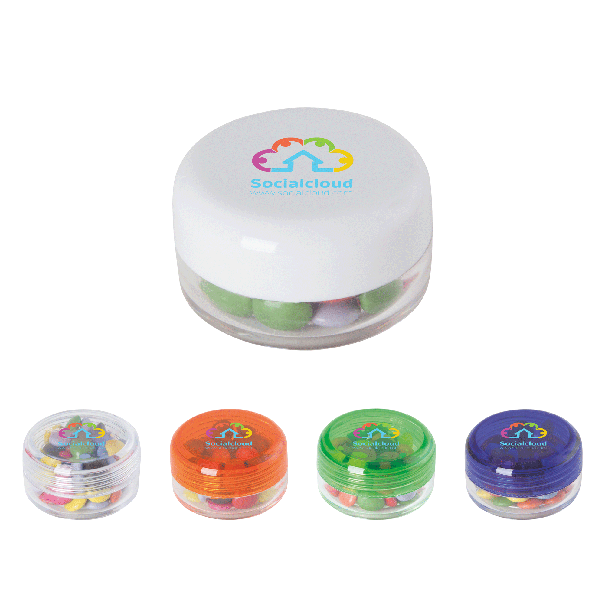 Gepersonaliseerde Ronde container met pastilles & logo | Pens.com