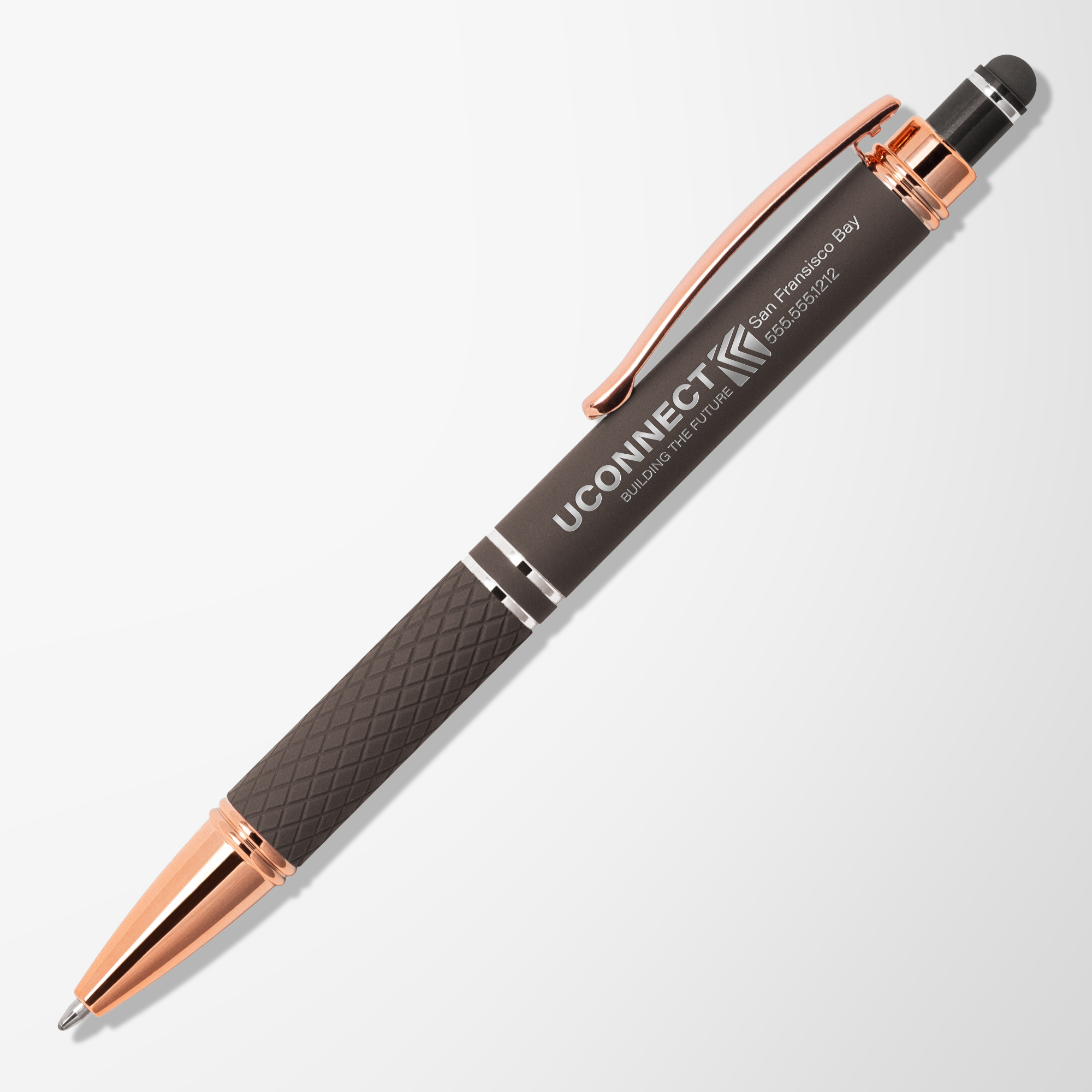 Custom Soft Touch Diamond Stylus Pen with Rose Gold Trim | Pens.com