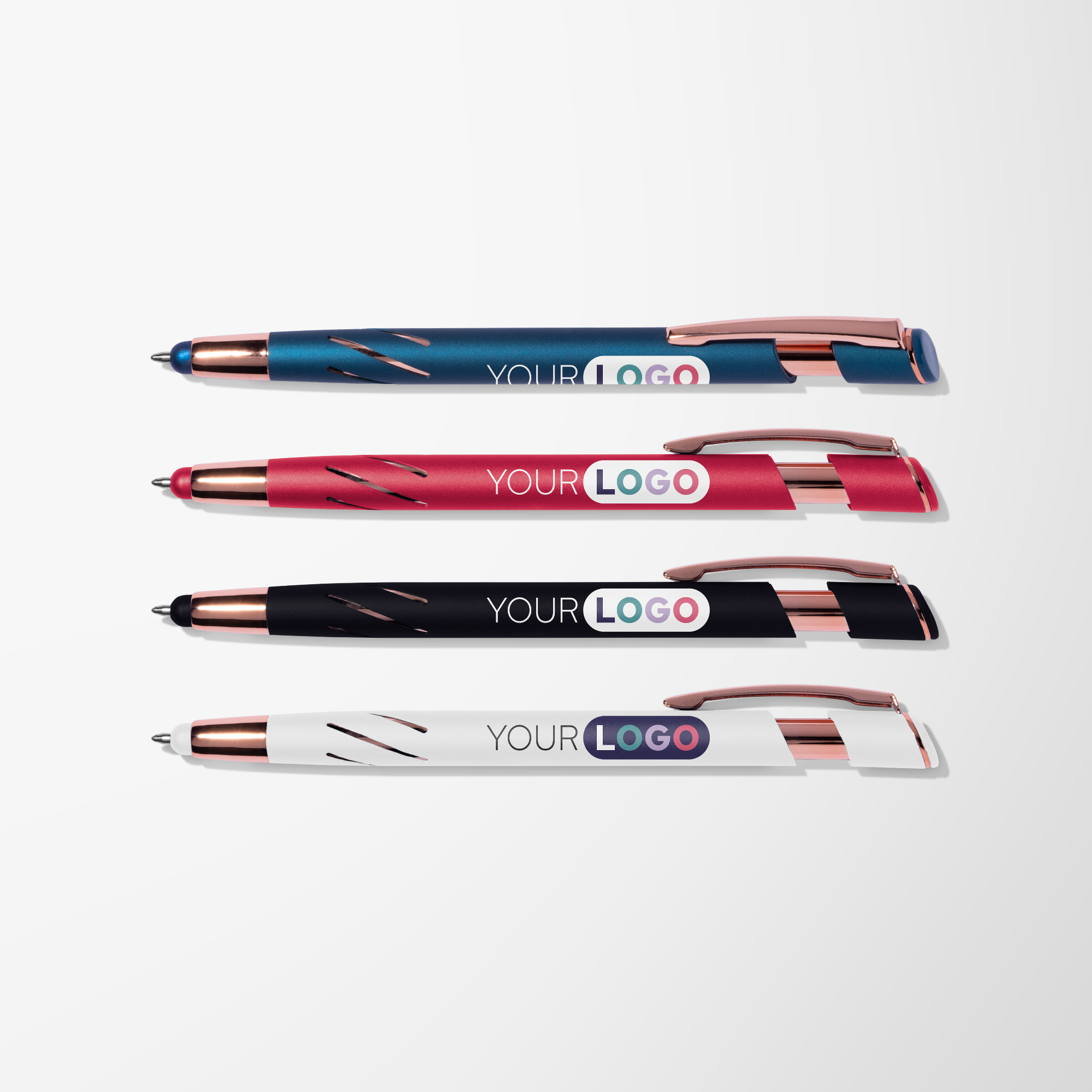 Custom Full Color Incline Stylus Pen with Rose Gold Trim | Pens.com